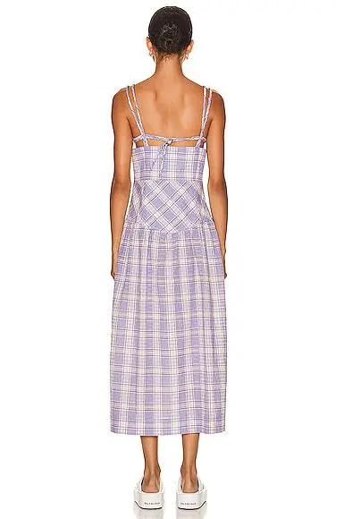 Ganni Seersucker Check Midi Dress In Purple In Check Persian
